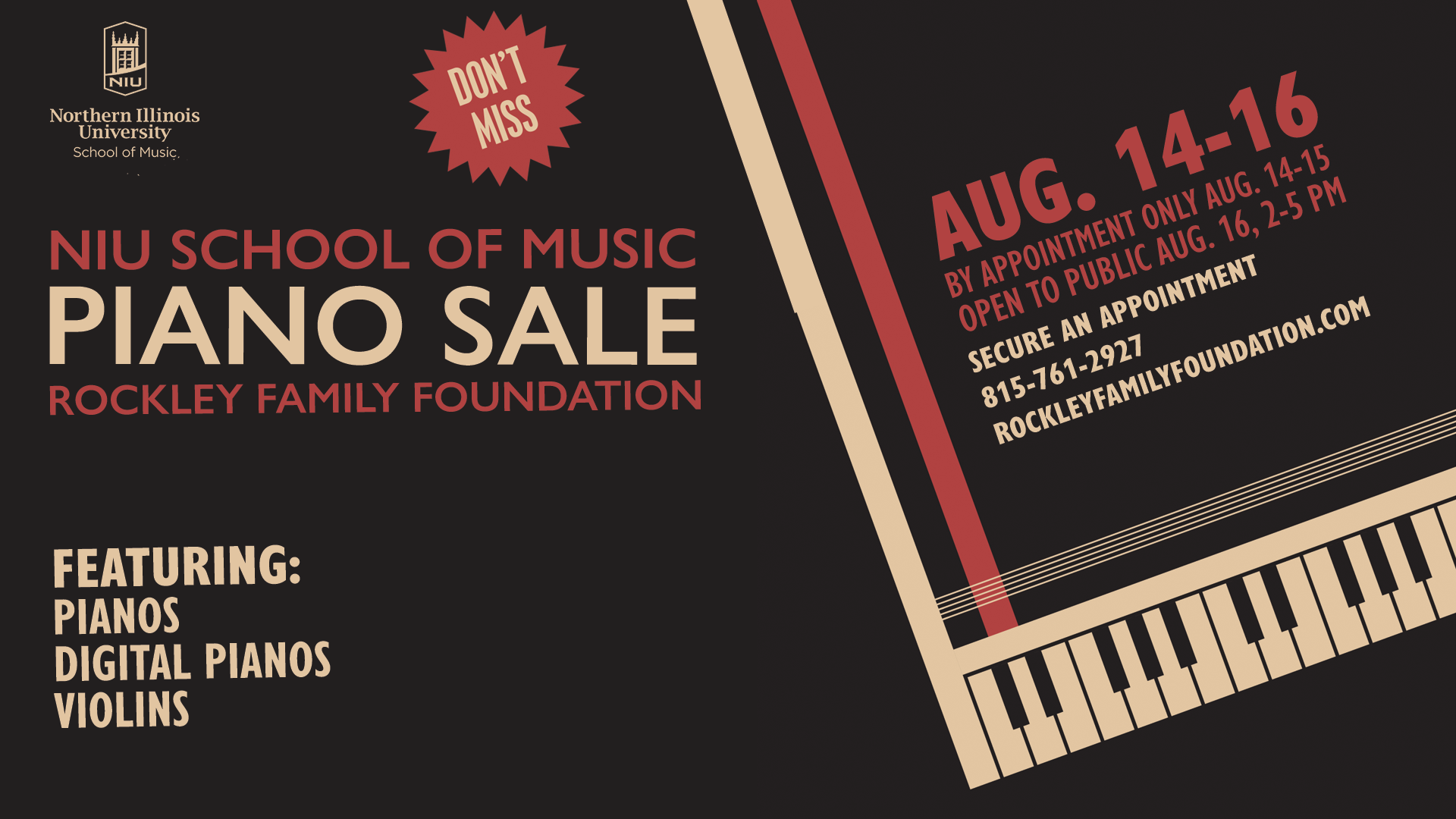 Pianos, digital pianos and violins for public purchase, August 14-16 - NIU Arts Blog